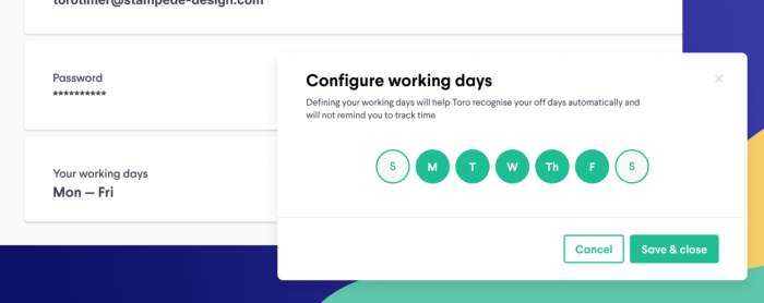Configure working days - Toro Timer